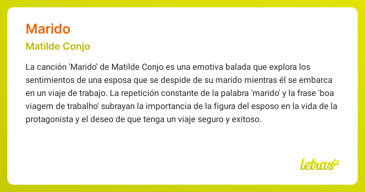 Significado de la canción MARIDO (Matilde Conjo) - LETRAS.COM