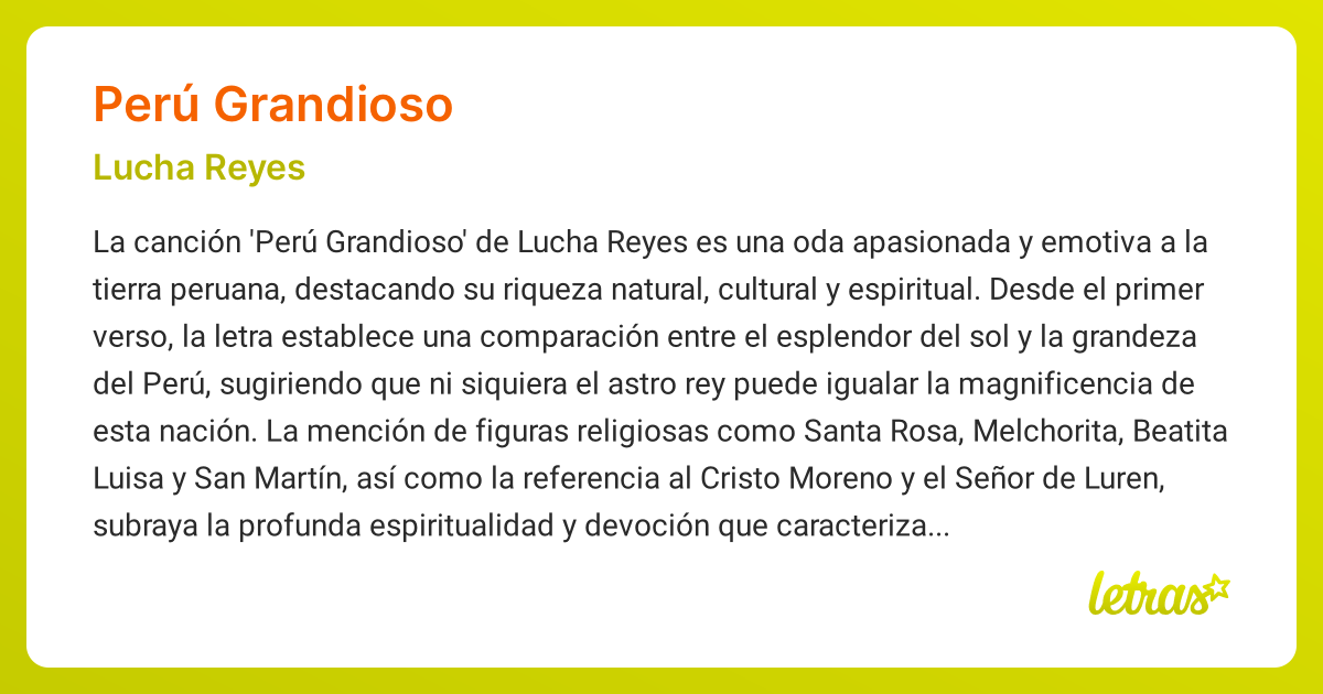 Significado de la canción PERÚ GRANDIOSO (Lucha Reyes) - LETRAS.COM