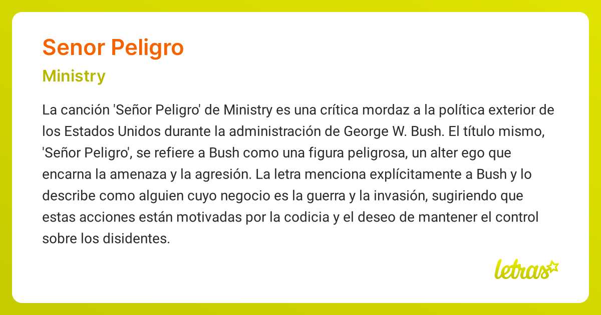 Significado de la canción SENOR PELIGRO (Ministry) - LETRAS.COM
