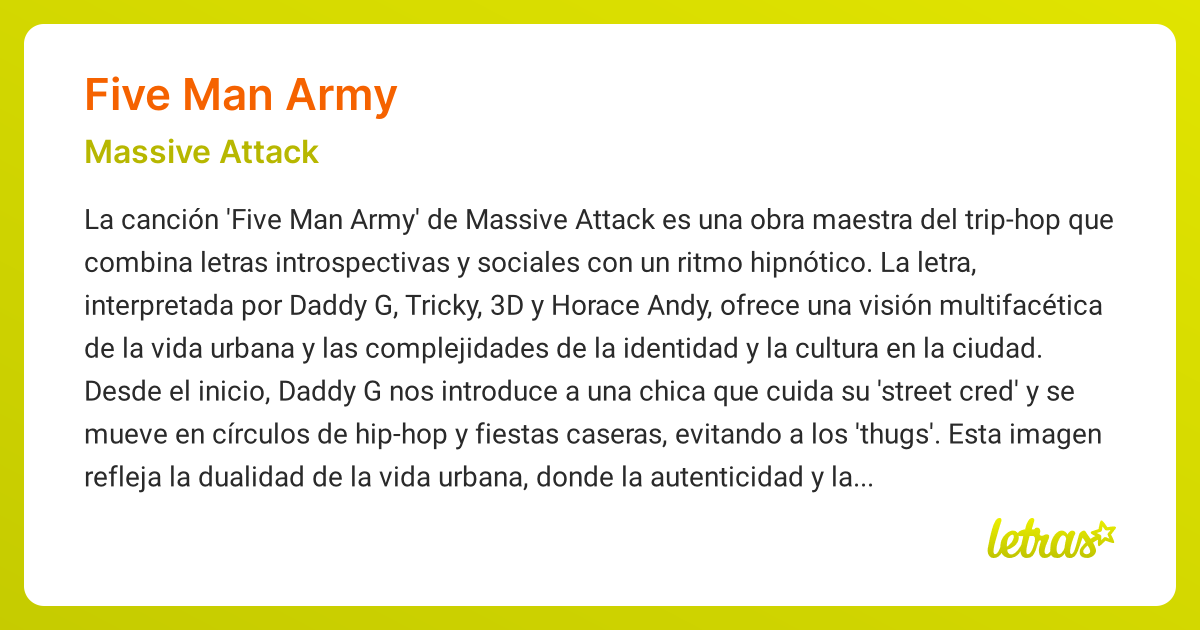 Significado de la canción FIVE MAN ARMY (Massive Attack) - LETRAS.COM