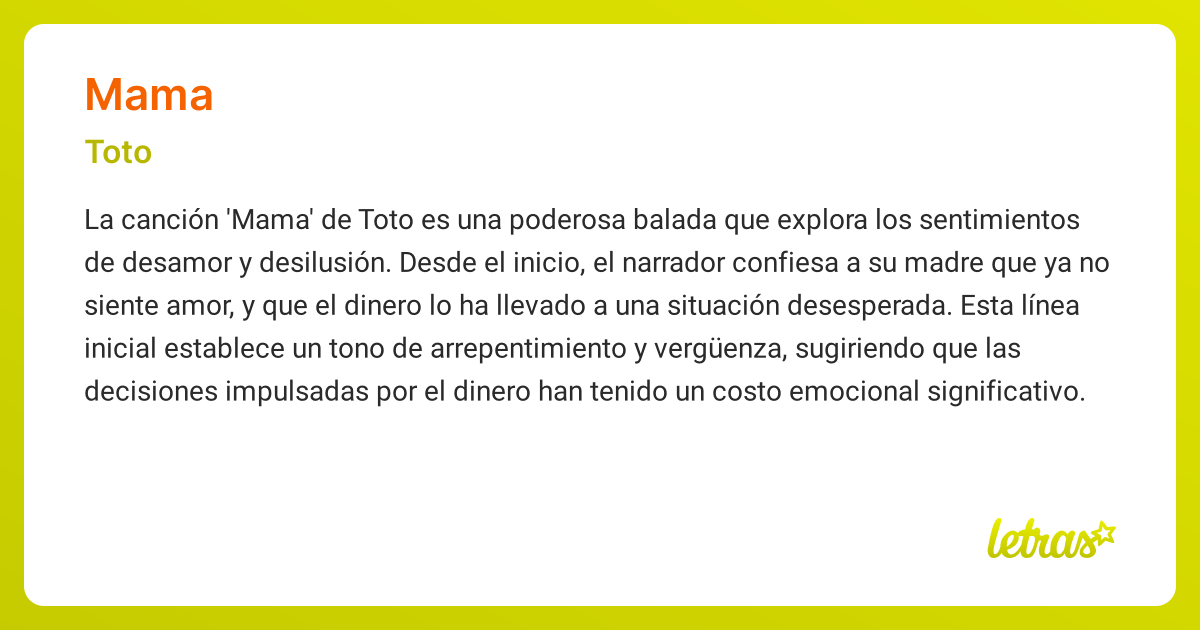 Significado de la canción MAMA (Toto) - LETRAS.COM