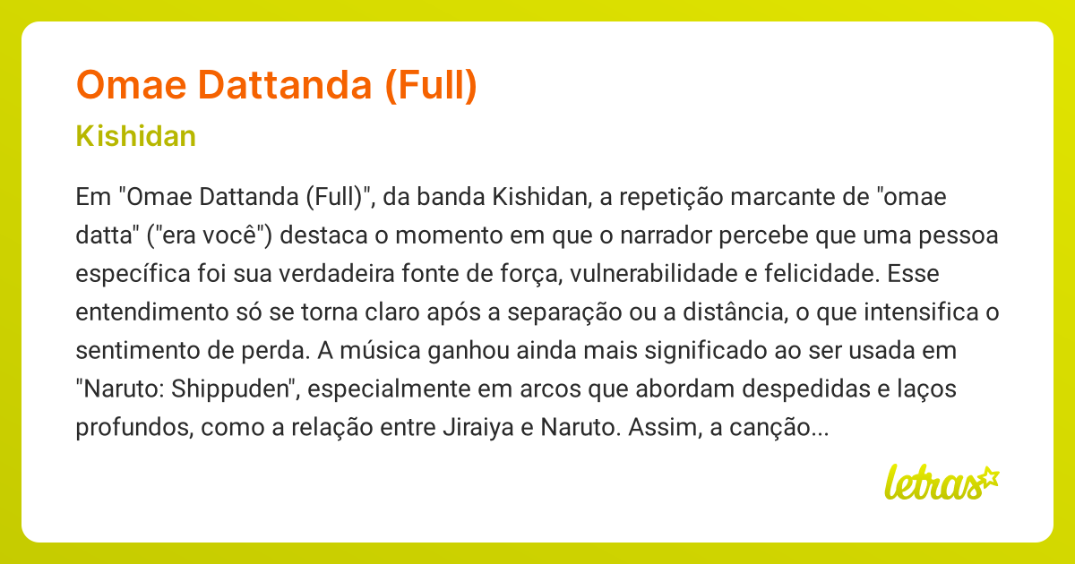 Significado da música OMAE DATTANDA (FULL) (Kishidan) - LETRAS.MUS.BR