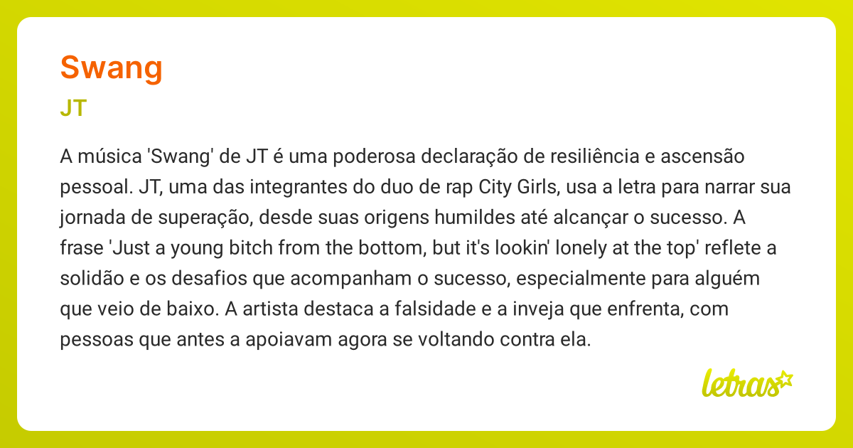 Significado da música SWANG (JT) - LETRAS.MUS.BR
