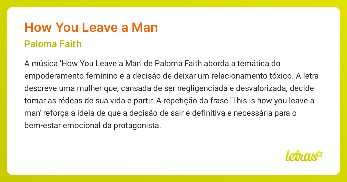 Significado da música HOW YOU LEAVE A MAN (Paloma Faith) - LETRAS.MUS.BR