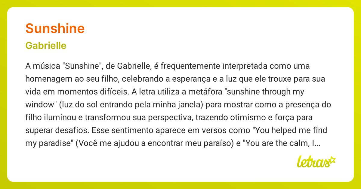 Significado da música SUNSHINE (Gabrielle) - LETRAS.MUS.BR