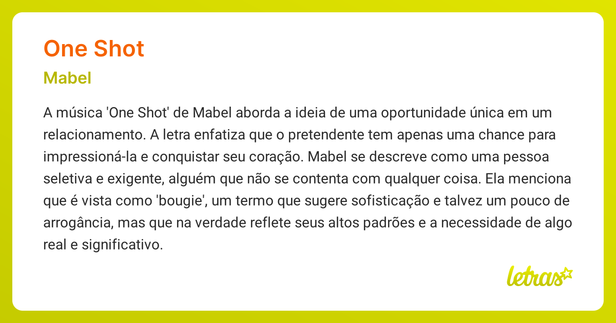Significado da música ONE SHOT (Mabel) - LETRAS.MUS.BR