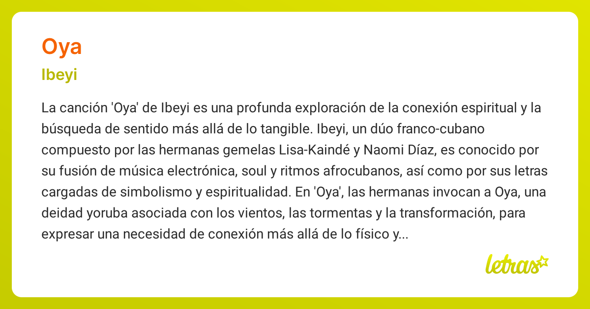 Significado de la canción OYA (Ibeyi) - LETRAS.COM