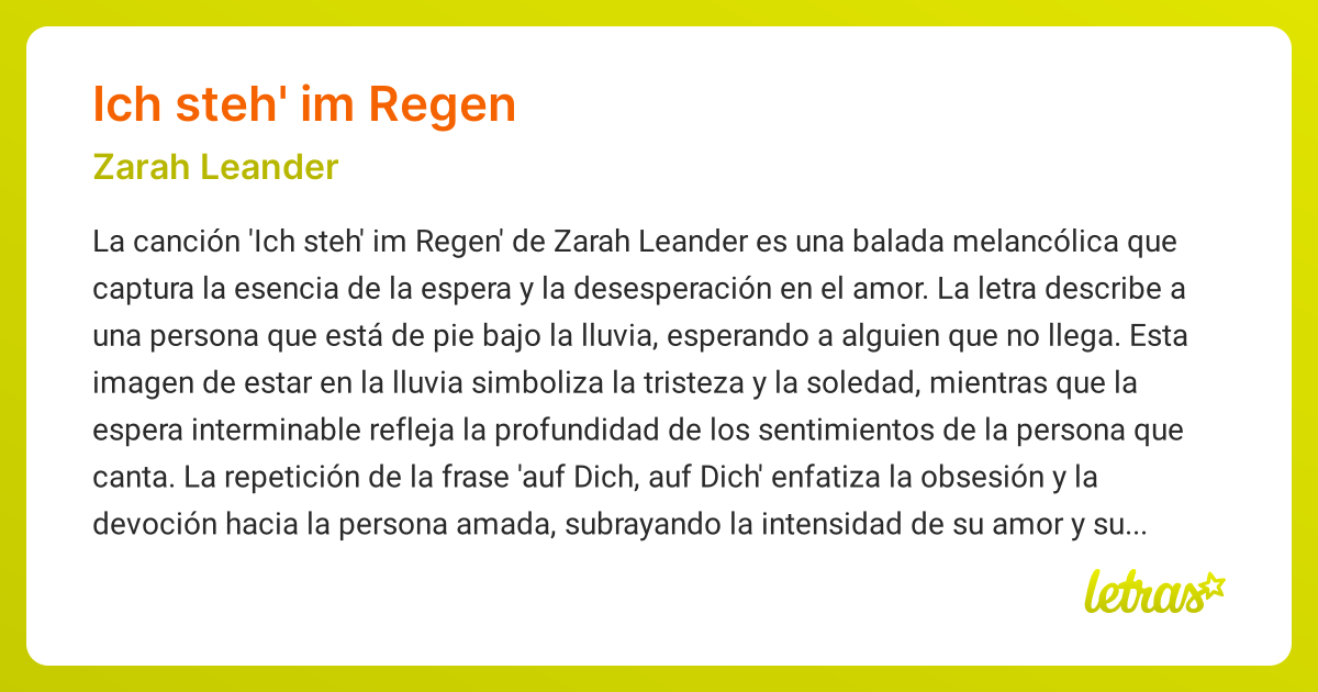 Significado de la canción ICH STEH' IM REGEN (Zarah Leander) - LETRAS.COM