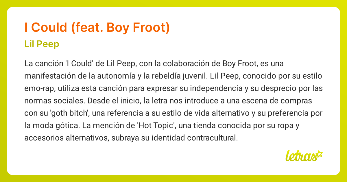 Significado de la canción I COULD (FEAT. BOY FROOT) (Lil Peep) - LETRAS.COM