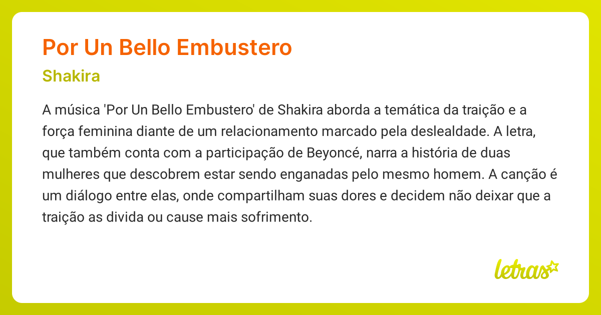 Significado da música POR UN BELLO EMBUSTERO (Shakira) - LETRAS.MUS.BR