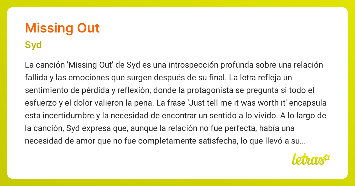 Significado de la canción MISSING OUT (Syd) - LETRAS.COM