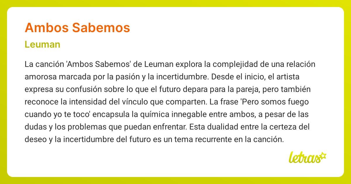 Significado de la canción AMBOS SABEMOS (Leuman) - LETRAS.COM