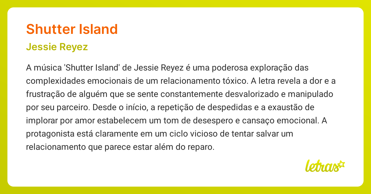 Significado da música SHUTTER ISLAND (Jessie Reyez) - LETRAS.MUS.BR