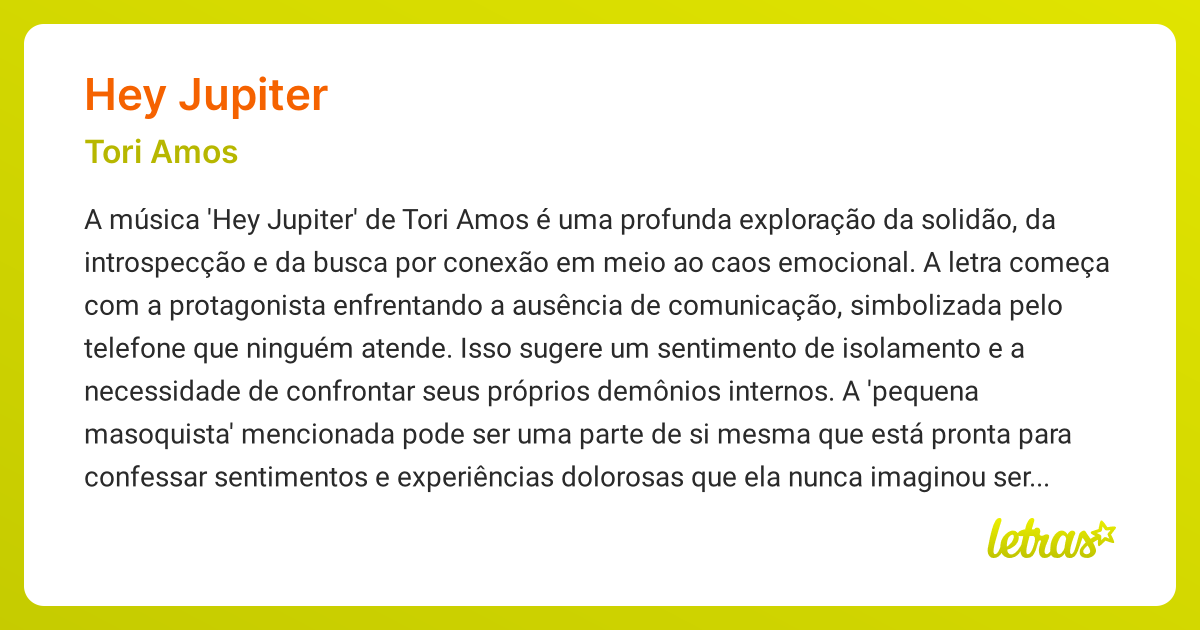 Significado da música HEY JUPITER (Tori Amos) - LETRAS.MUS.BR