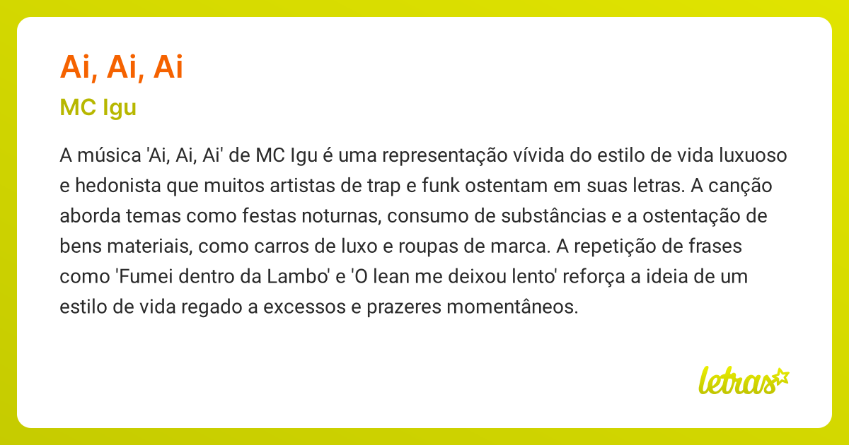 Significado da música AI, AI, AI (MC Igu) - LETRAS.MUS.BR