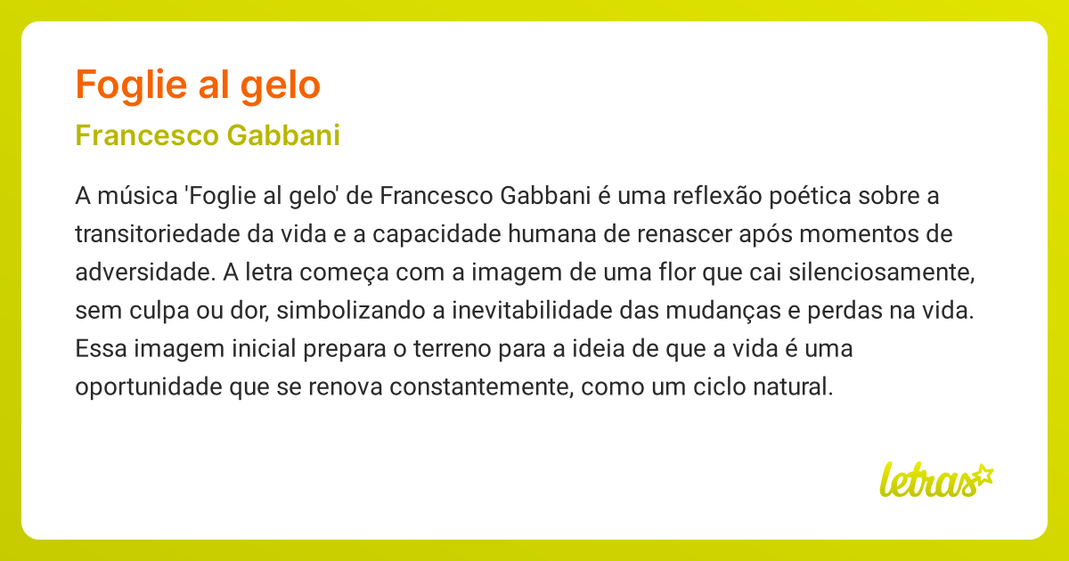 Significado da música FOGLIE AL GELO (Francesco Gabbani) - LETRAS.MUS.BR