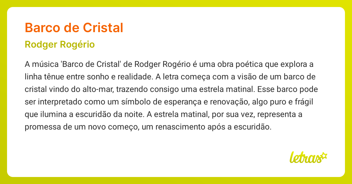 Significado da música BARCO DE CRISTAL (Rodger Rogério) - LETRAS.MUS.BR