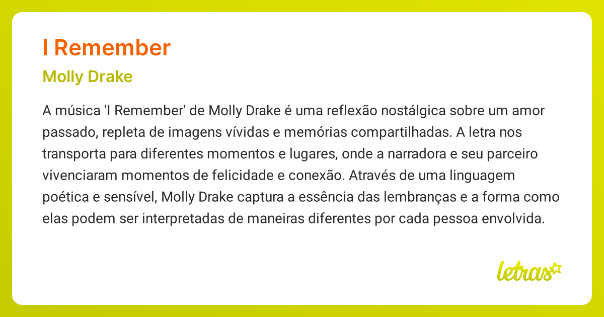 Significado da música I REMEMBER (Molly Drake) - LETRAS.MUS.BR