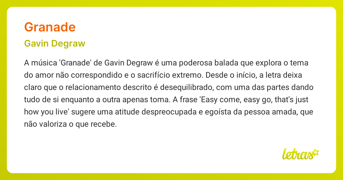 Significado da música GRANADE (Gavin Degraw) - LETRAS.MUS.BR