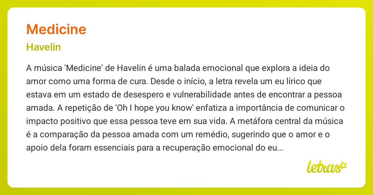 Significado da música MEDICINE (Havelin) - LETRAS.MUS.BR