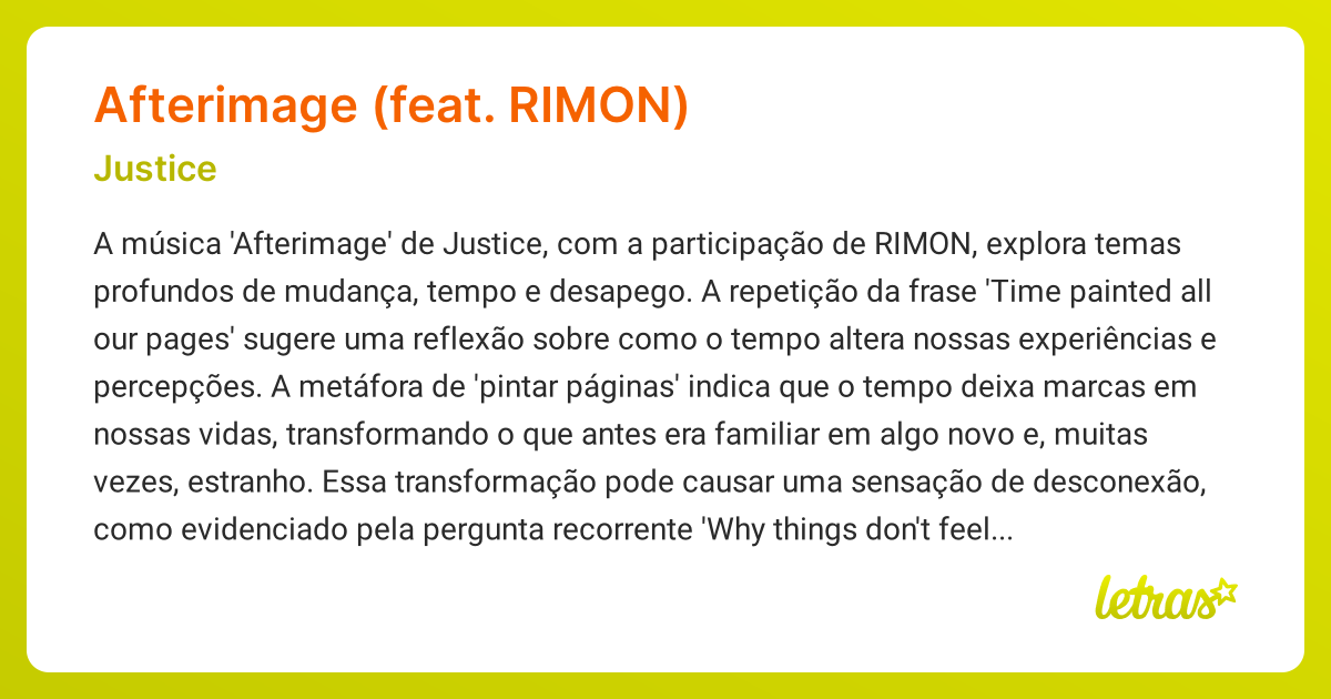 Significado da música AFTERIMAGE (FEAT. RIMON) (Justice) - LETRAS.MUS.BR