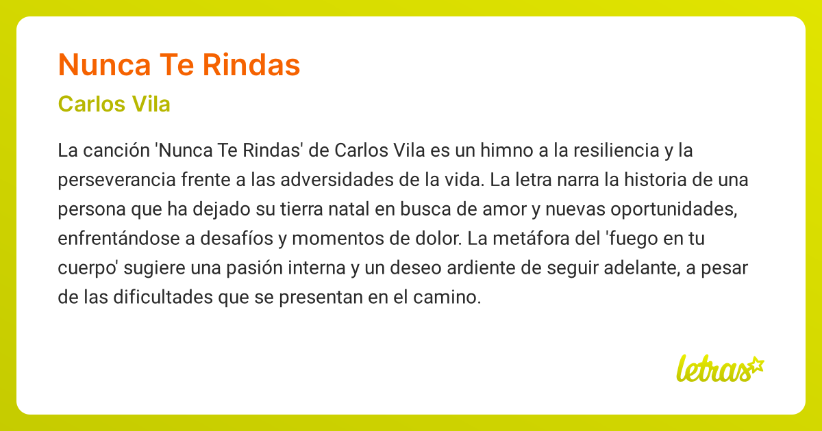 Significado de la canción NUNCA TE RINDAS (Carlos Vila) - LETRAS.COM