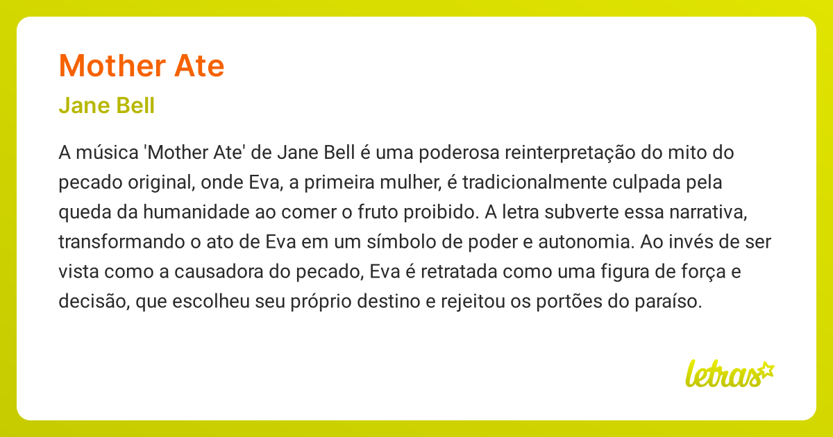 Significado da música MOTHER ATE (Jane Bell) - LETRAS.MUS.BR