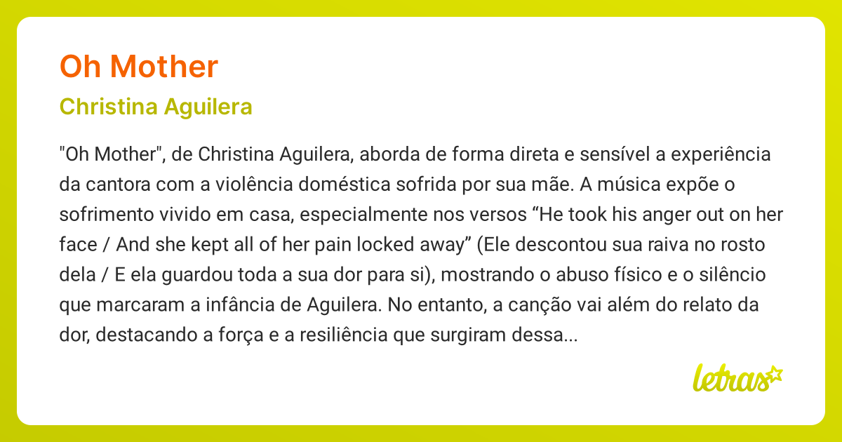 Significado da música OH MOTHER (Christina Aguilera) - LETRAS.MUS.BR