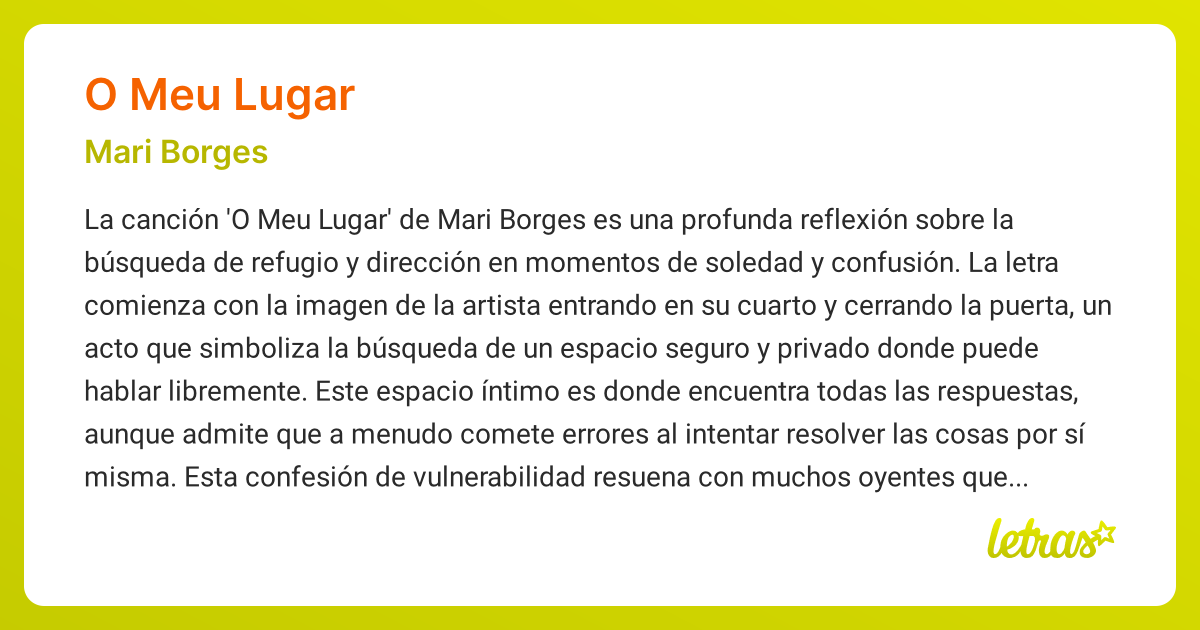 Significado de la canción O MEU LUGAR (Mari Borges) - LETRAS.COM