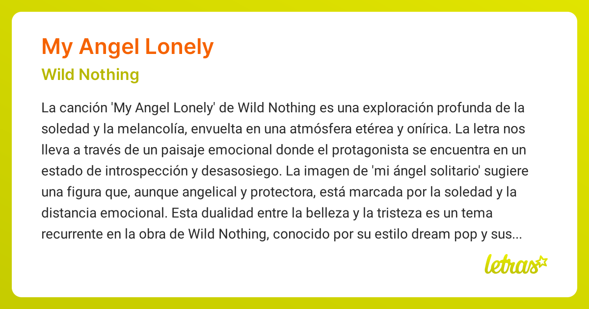 Significado de la canción MY ANGEL LONELY (Wild Nothing) - LETRAS.COM