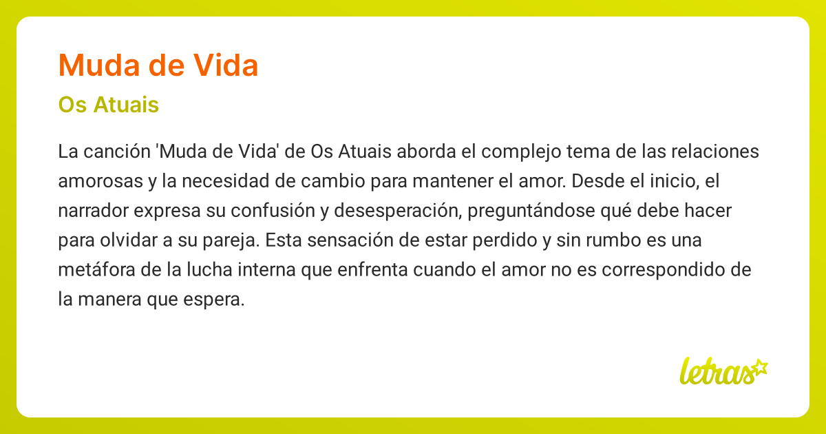 Significado de la canción MUDA DE VIDA (Os Atuais) - LETRAS.COM