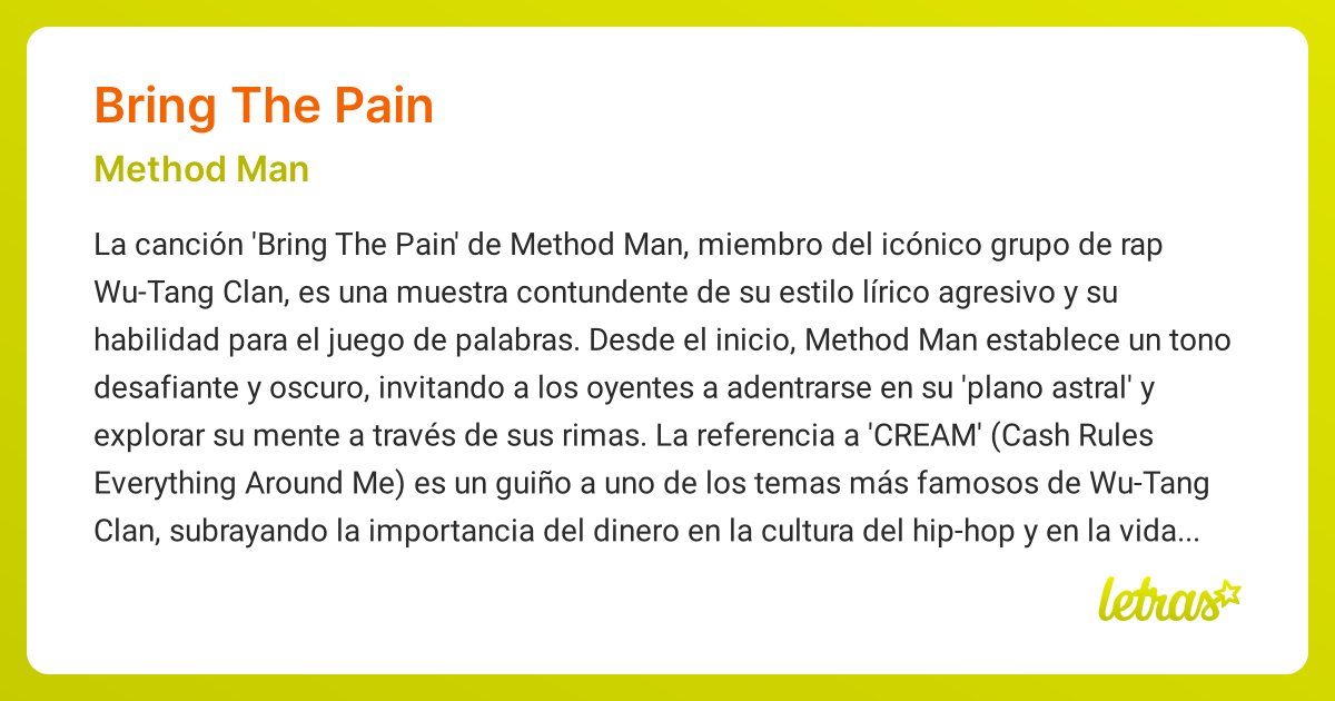 Significado de la canción BRING THE PAIN (Method Man) - LETRAS.COM