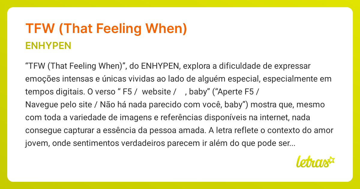 Significado da música TFW (THAT FEELING WHEN) (ENHYPEN) - LETRAS.MUS.BR