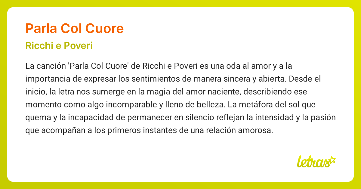 Significado de la canción PARLA COL CUORE (Ricchi e Poveri) - LETRAS.COM