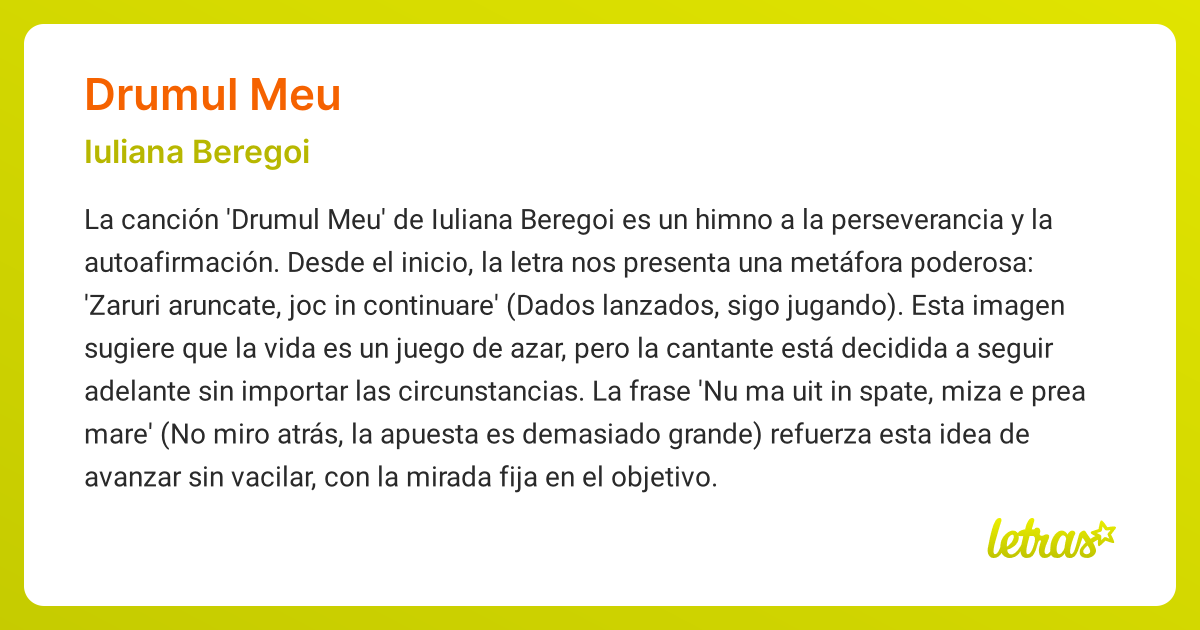 Significado de la canción DRUMUL MEU (Iuliana Beregoi) - LETRAS.COM