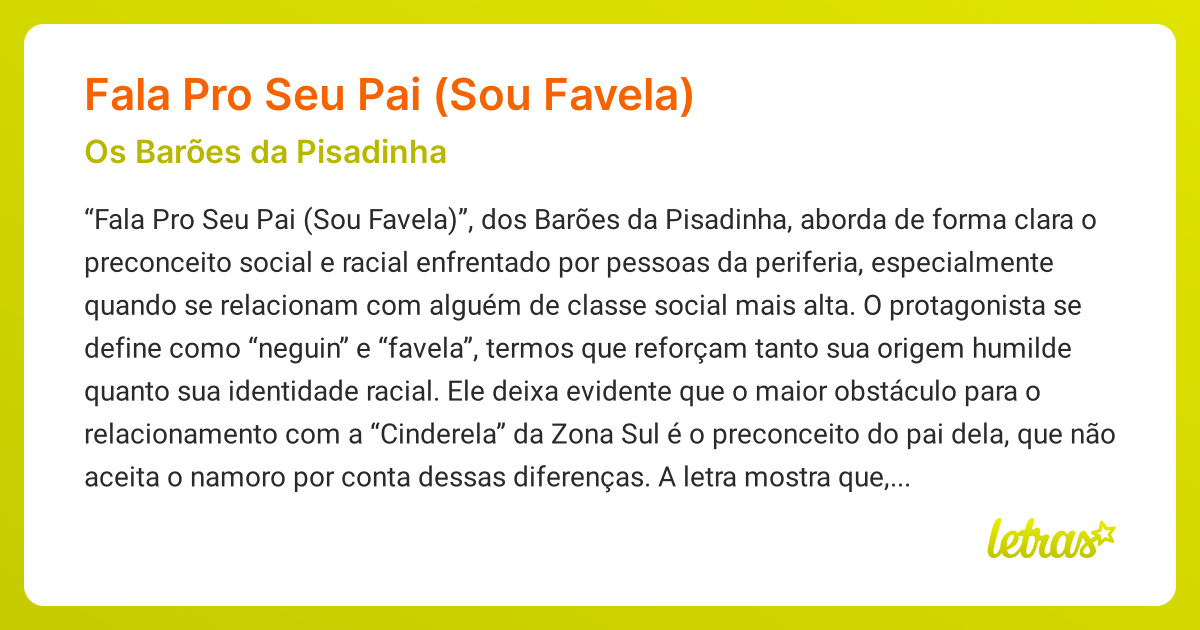 Significado da música FALA PRO SEU PAI (SOU FAVELA) (Os Barões da ...