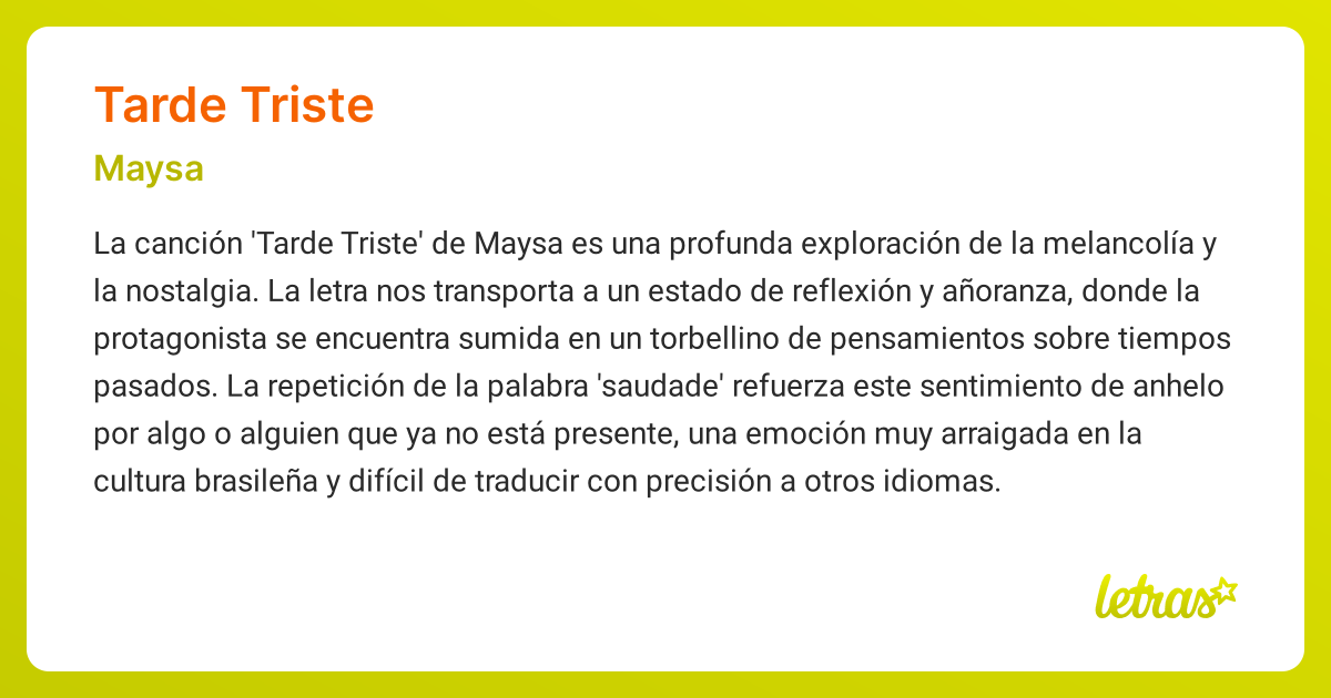 Significado de la canción TARDE TRISTE (Maysa) - LETRAS.COM