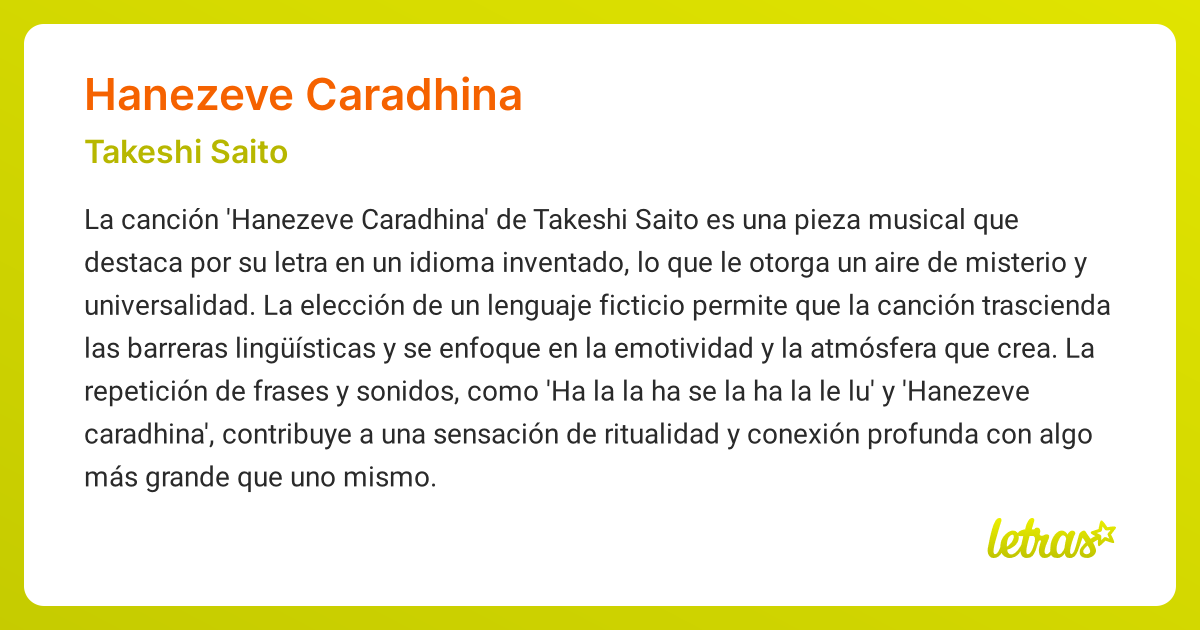 Significado de la canción HANEZEVE CARADHINA (Takeshi Saito) - LETRAS.COM