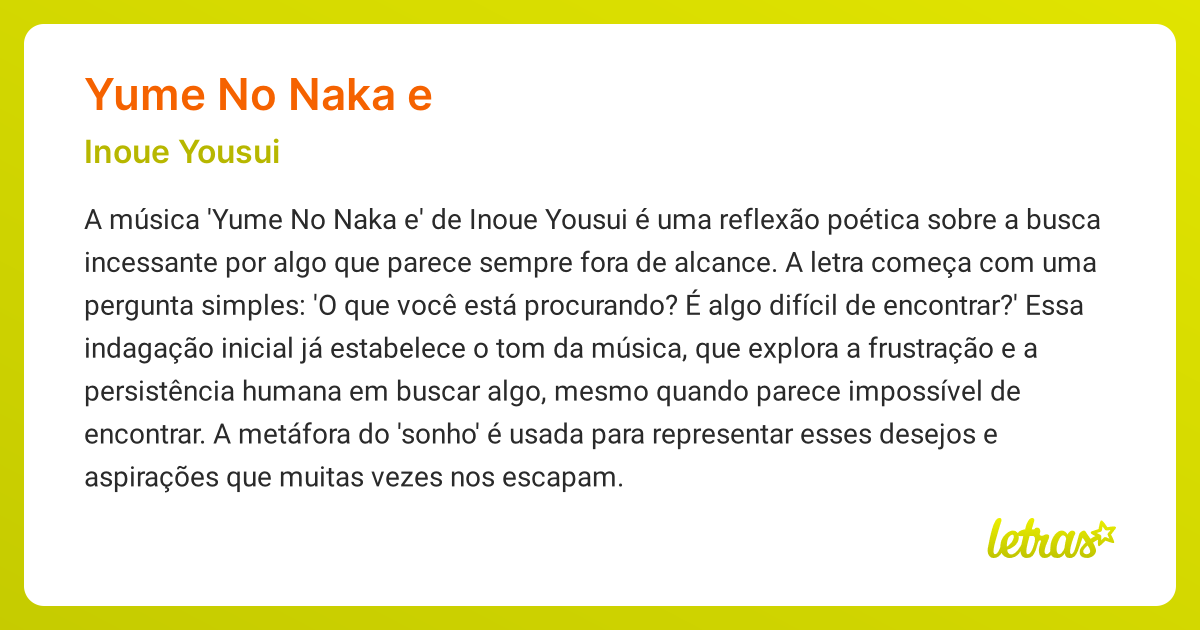 Significado da música YUME NO NAKA E (Inoue Yousui) - LETRAS.MUS.BR