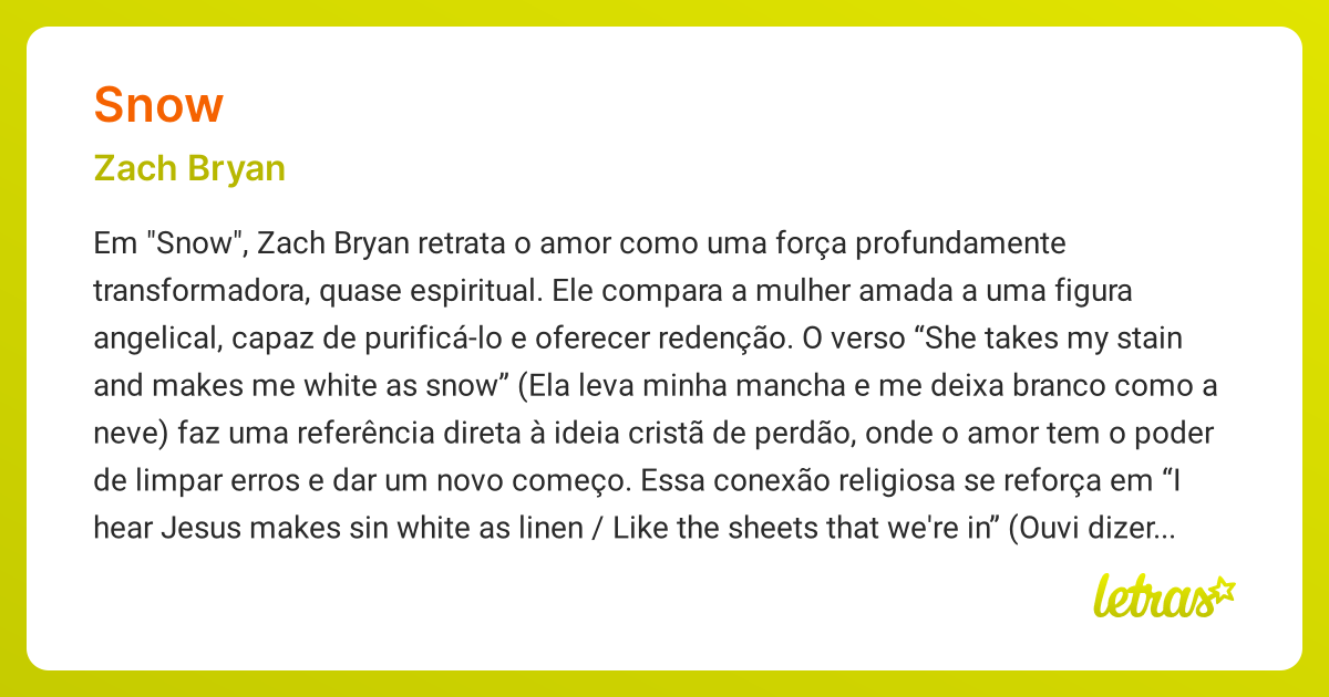 Significado da música SNOW (Zach Bryan) - LETRAS.MUS.BR