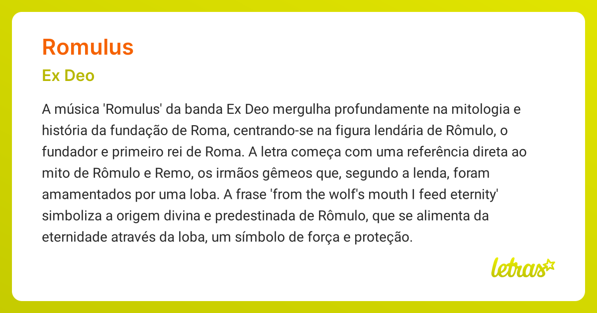 Significado da música ROMULUS (Ex Deo) - LETRAS.MUS.BR