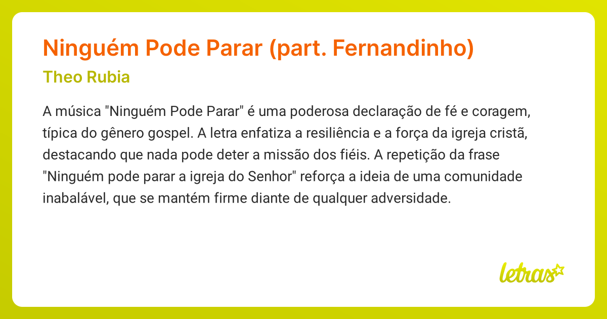 Significado da música Ninguém Pode Parar (part. Fernandinho) (Theo ...