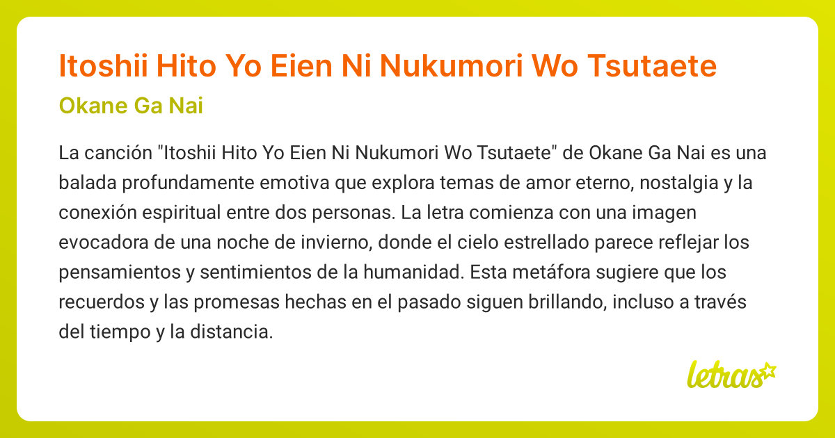 Significado de la canción Itoshii Hito Yo Eien Ni Nukumori Wo Tsutaete ...