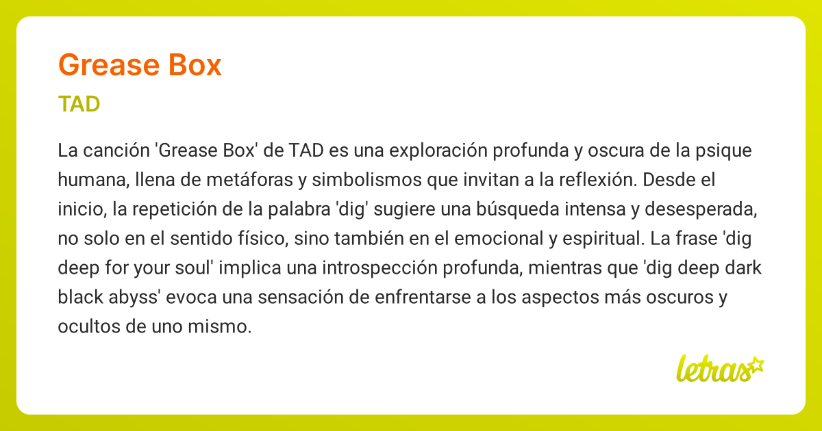 Significado de la canción GREASE BOX (TAD) - LETRAS.COM