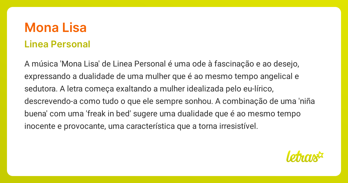 Significado da música MONA LISA (Linea Personal) - LETRAS.MUS.BR