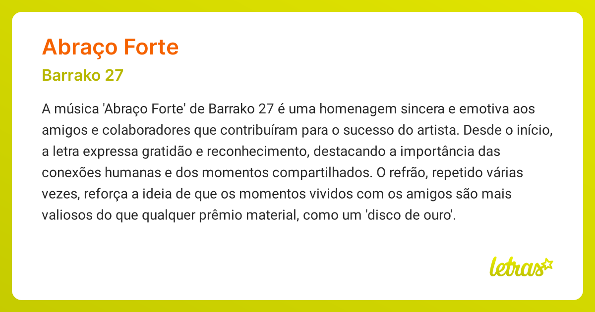 Significado da música ABRAÇO FORTE (Barrako 27) - LETRAS.MUS.BR