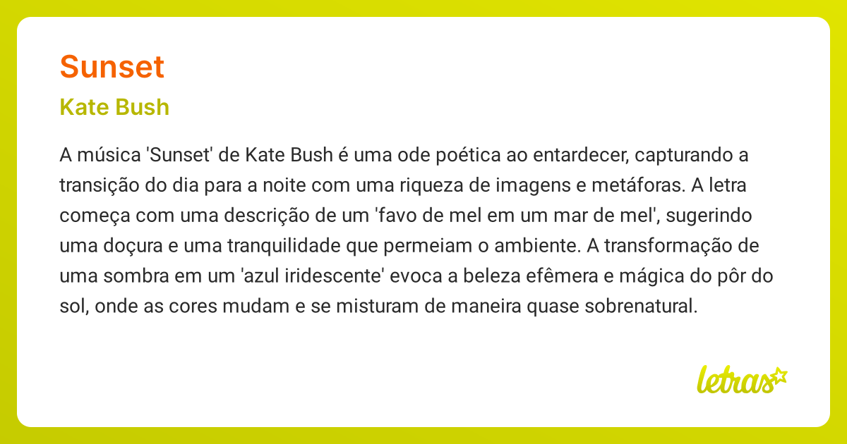Significado da música SUNSET (Kate Bush) - LETRAS.MUS.BR
