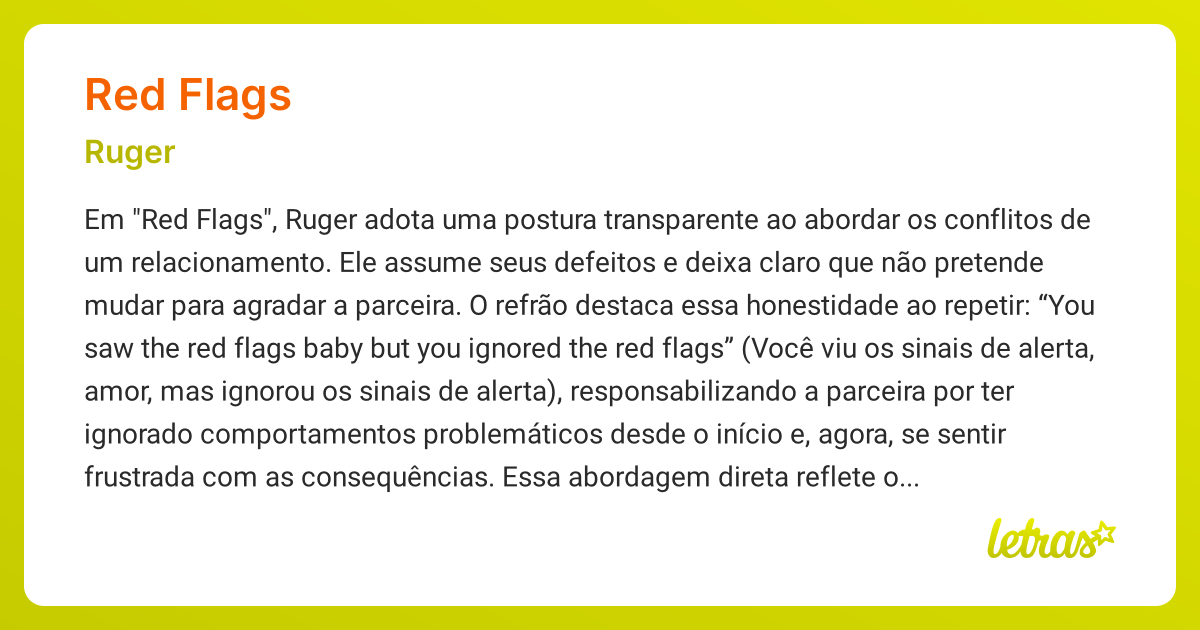Significado da música RED FLAGS (Ruger) - LETRAS.MUS.BR