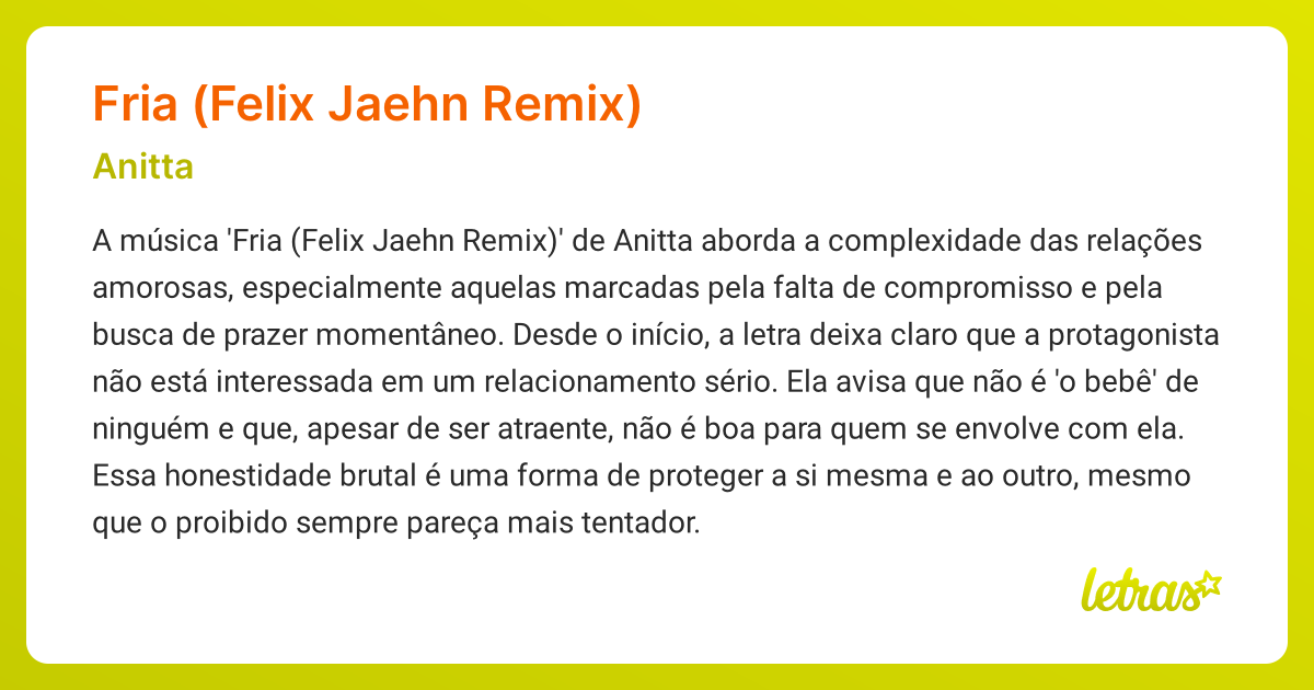 Significado da música FRIA (FELIX JAEHN REMIX) (Anitta) - LETRAS.MUS.BR