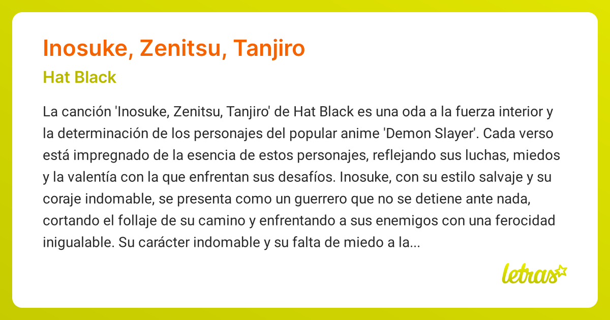 Significado de la canción INOSUKE, ZENITSU, TANJIRO (Hat Black ...